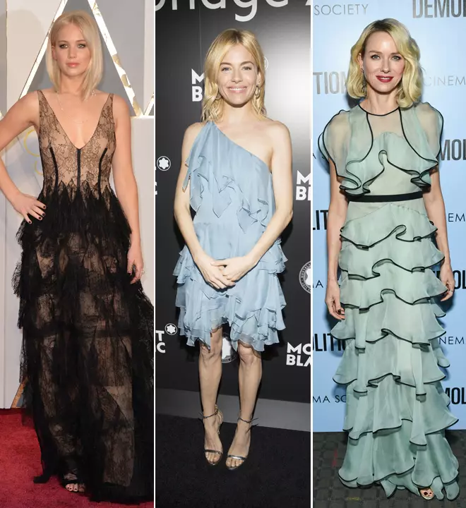 Jennifer Lawrence, Sienna Miller e Naomi Watts em vestidos de babados