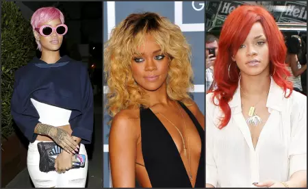 Lub peculiar hairstyles ntawm Rihanna.