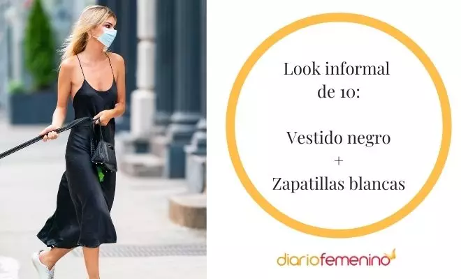 Hvordan bære en svart kjole med joggesko i en casual look