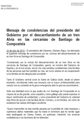 Rajoy wis nggawe kesalahan antarane lindhu ing China lan kacilakan sepur ing Santiago ing statement belasungkawa sing dikirim.